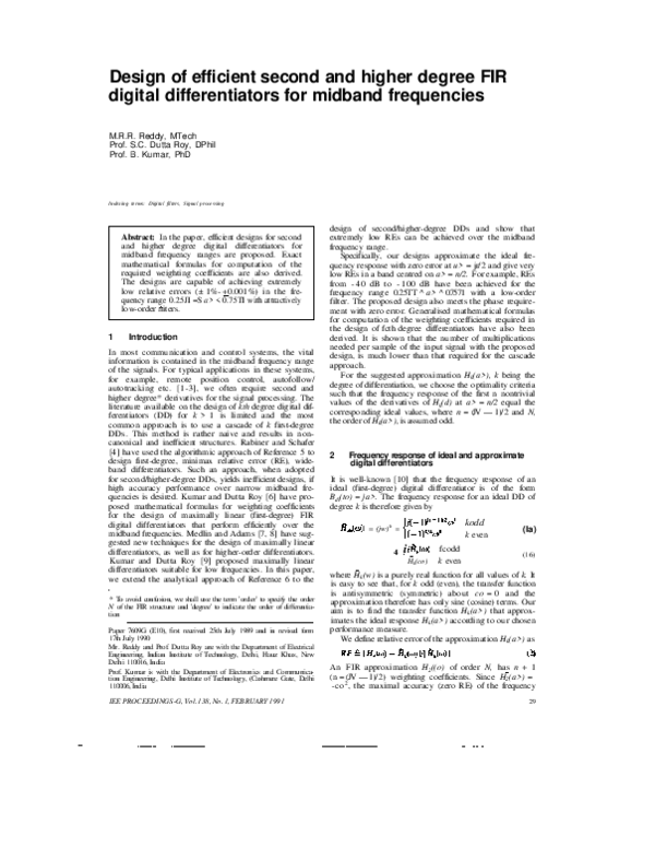 Pdf Design Of Efficient Second And Higher Degree Fir Digital Differentiators For Midband
