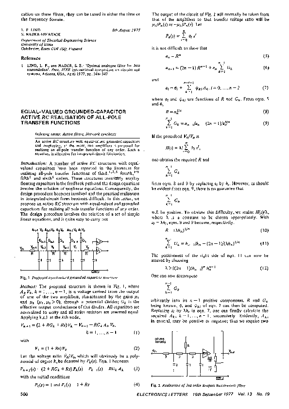 (PDF) Equal-valued grounded-capacitor active RC realisation of all-pole ...