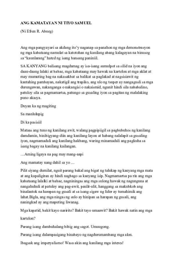 (DOC) Ang Kamatayan ni Tiyo Samuel ni: Efren R. Abueg