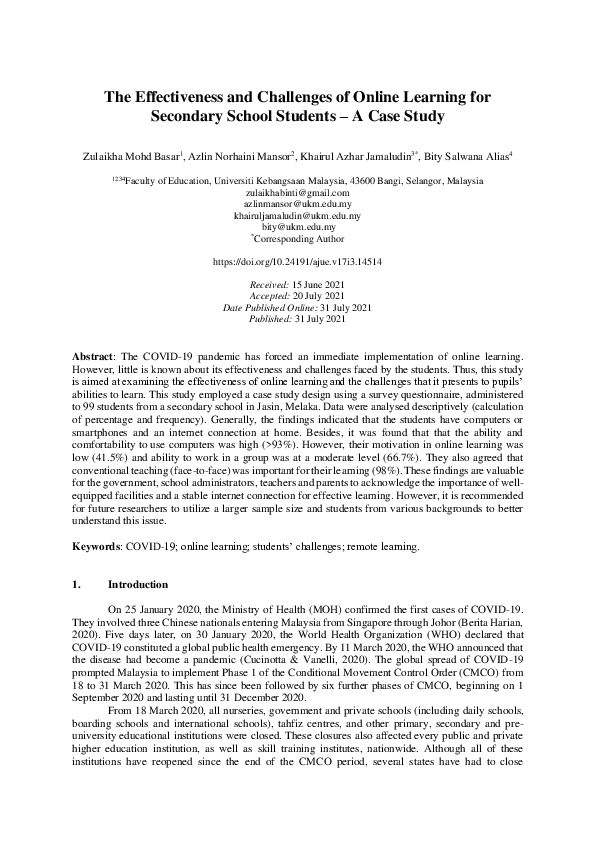 (PDF) The effectiveness and challenges of online learning for secondary school students – a case ...