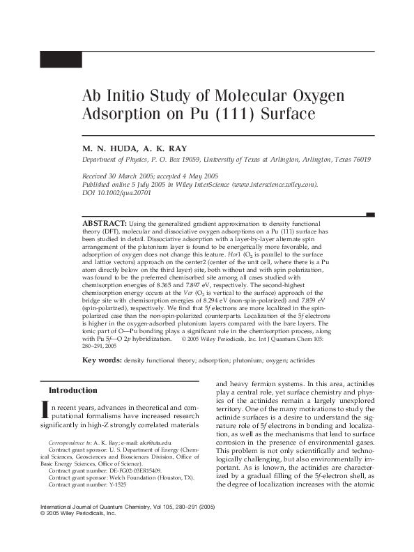 (PDF) Ab initio study of molecular oxygen adsorption on Pu (111) surface