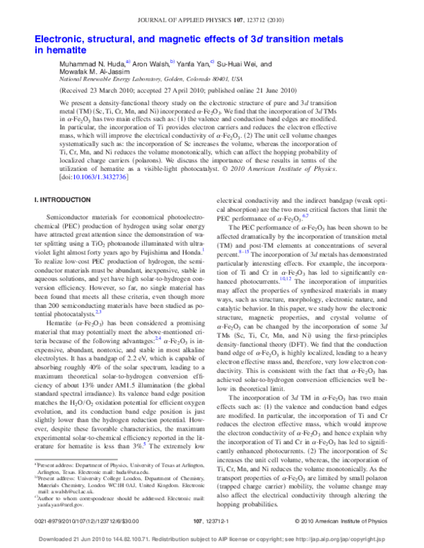 (PDF) Electronic, structural, and magnetic effects of 3d transition metals in hematite