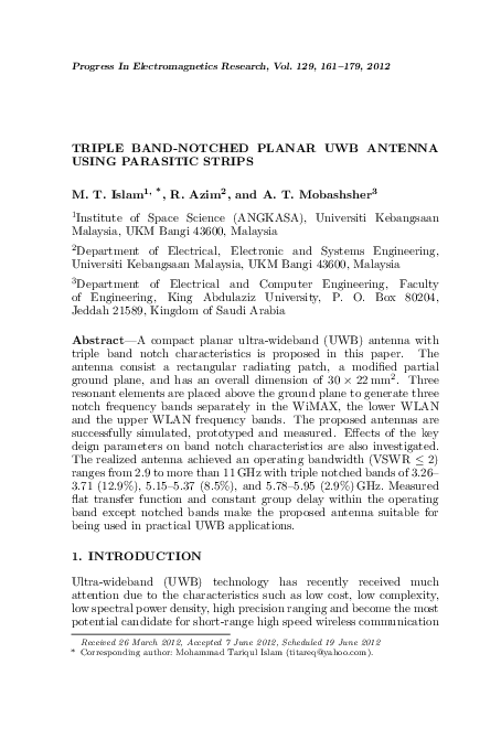 (PDF) Triple Band-Notched Planar Uwb Antenna Using Parasitic Strips