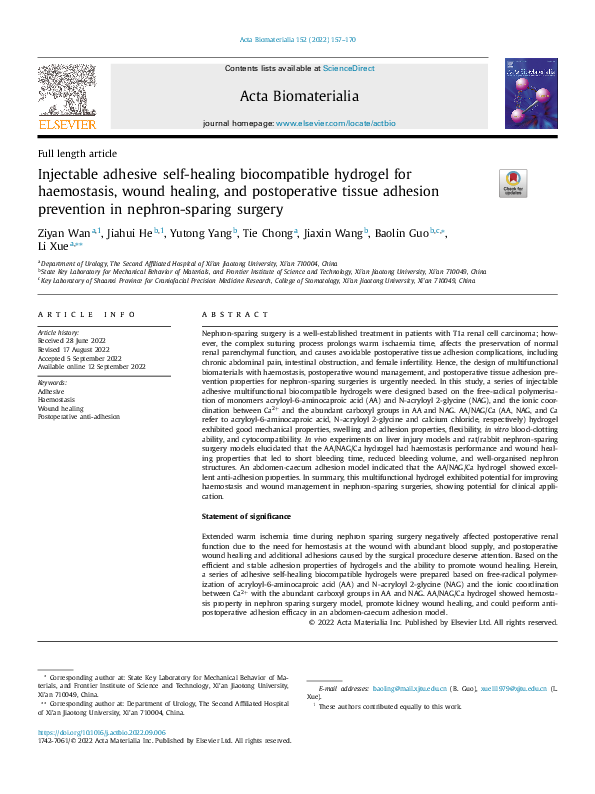 (PDF) Injectable adhesive self-healing biocompatible hydrogel for ...