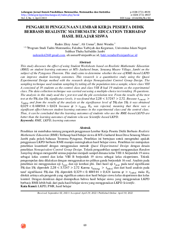 (PDF) PENGARUH PENGGUNAAN LEMBAR KERJA PESERTA DIDIK BERBASIS REALISTIC MATHEMATIC EDUCATION ...