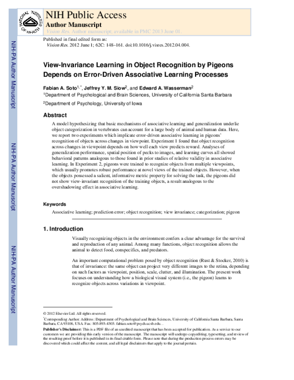 (PDF) View-invariance learning in object recognition by pigeons depends on error-driven ...