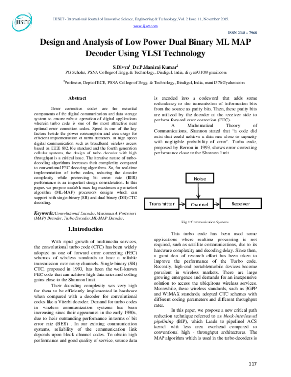 Pdf Design And Analysis Of Low Power Dual Binary Ml Map Decoder Using Vlsi Technology