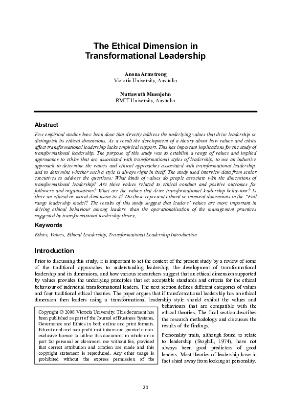 (PDF) The Ethical Dimension in Transformational Leadership