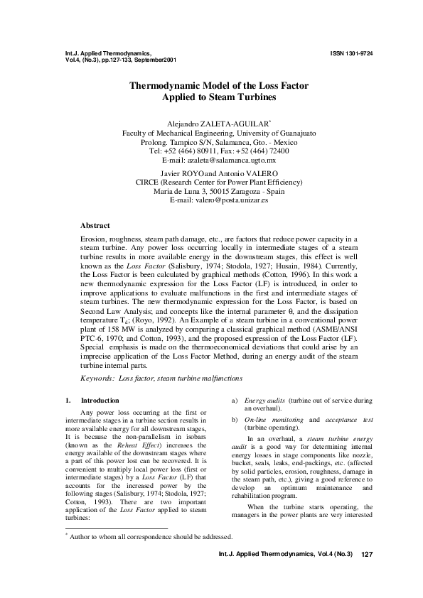 (PDF) Thermodynamic Model of the Loss Factor Applied to Steam Turbines
