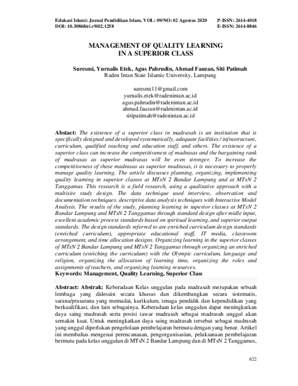 (PDF) Quality Learning Management in Superior Classes