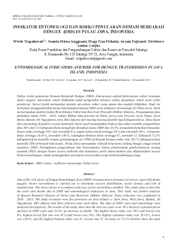 (PDF) Indikator Entomologi Dan Risiko Penularan Demam Berdarah Dengue (DBD) DI Pulau Jawa, Indonesia