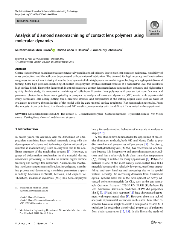 (PDF) Analysis of diamond nanomachining of contact lens polymers using ...
