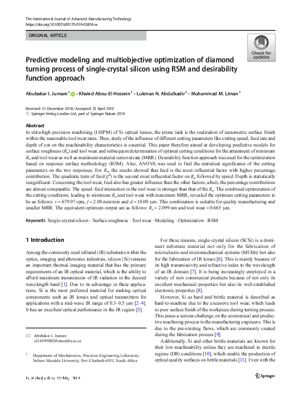 (PDF) Predictive modeling and multiobjective optimization of diamond turning process of single ...