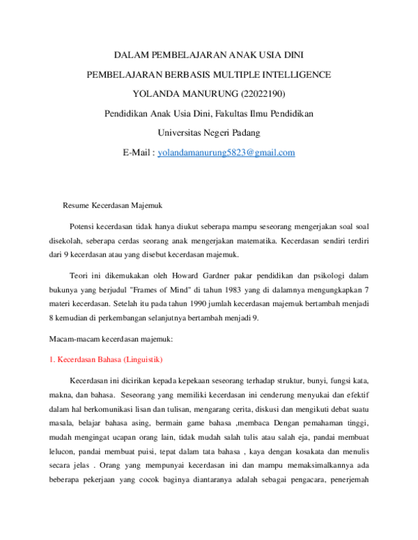 (PDF) DALAM PEMBELAJARAN ANAK USIA DINI PEMBELAJARAN BERBASIS MULTIPLE INTELLIGENCE