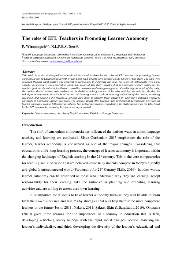 (PDF) The roles of EFL Teachers in Promoting Learner Autonomy