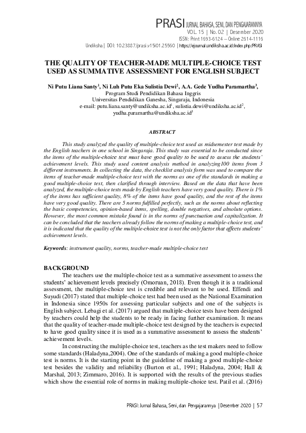 (PDF) The Quality of Teacher-Made Multiple-Choice Test Used as ...