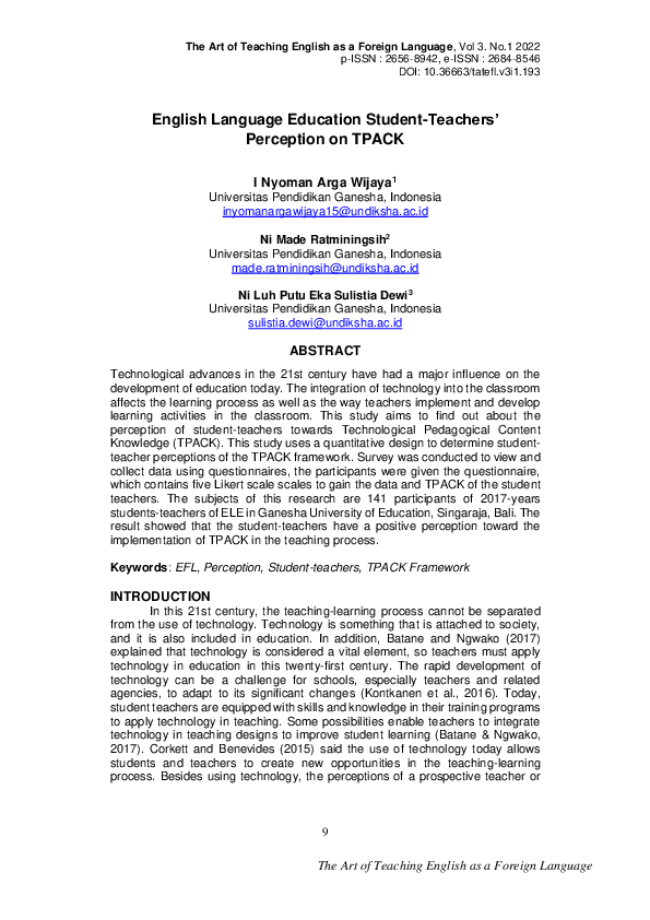 (PDF) English Language Education Student-Teachers’ Perception on TPACK