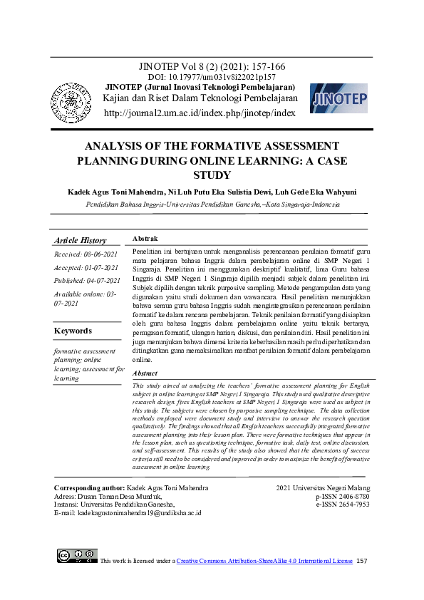 (PDF) Analysis of The Formative Assessment Planning During Online Learning: A Case Study