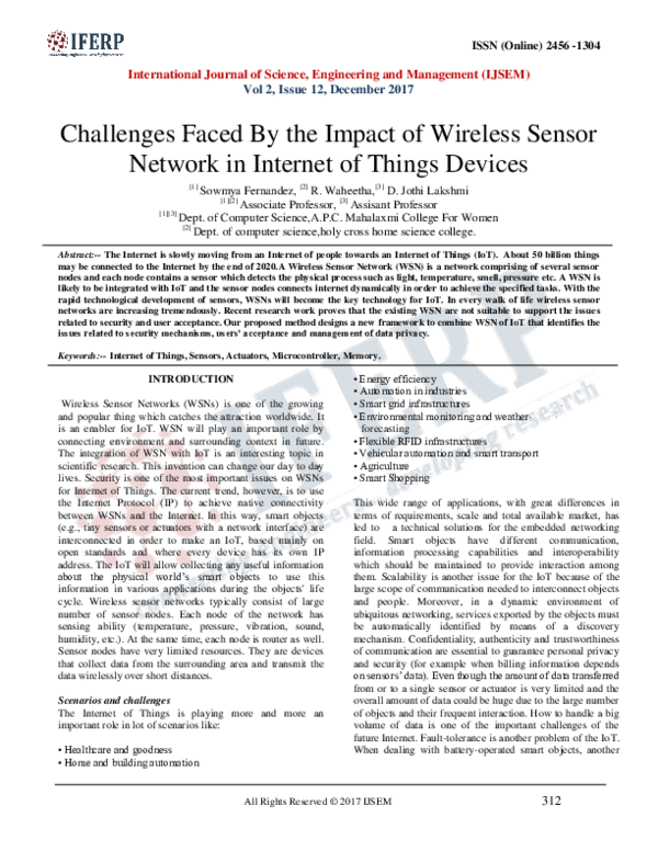 Pdf Challenges Faced By The Impact Of Wireless Sensor Network In Internet Of Things Devices