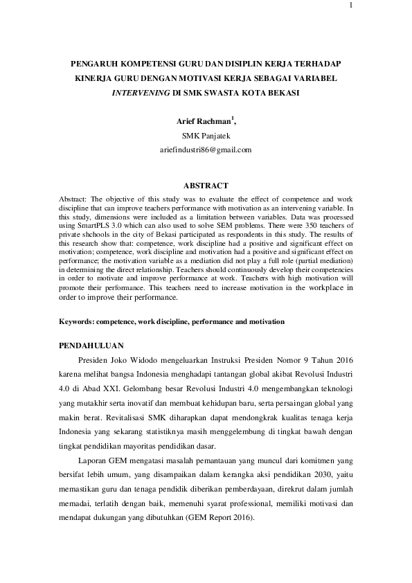 (PDF) PENGARUH KOMPETENSI GURU DAN DISIPLIN KERJA TERHADAP KINERJA GURU DENGAN MOTIVASI KERJA ...