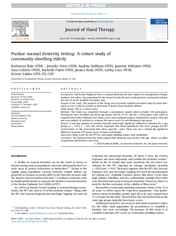 (PDF) Purdue manual dexterity testing: A cohort study of community ...