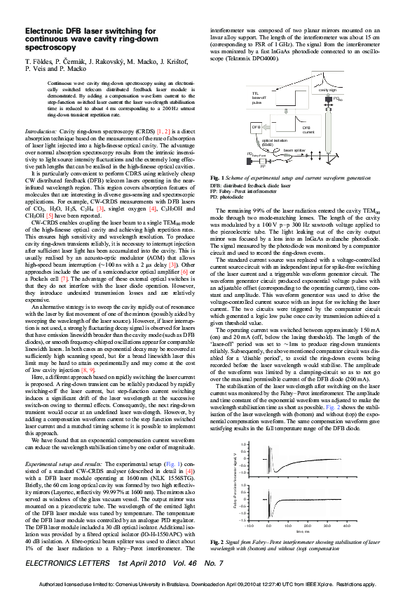 (PDF) Electronic DFB laser switching for continuous wave cavity ring-down spectroscopy