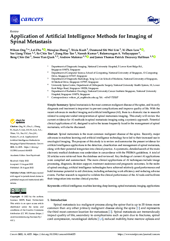 (PDF) Application of Artificial Intelligence Methods for Imaging of Spinal Metastasis