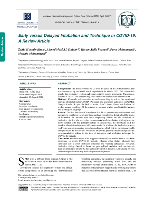 (PDF) Early versus Delayed Intubation and Technique in COVID-19: A ...