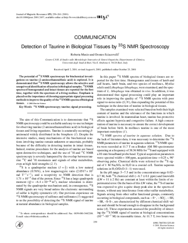 (PDF) Detection of Taurine in Biological Tissues by 33S NMR Spectroscopy