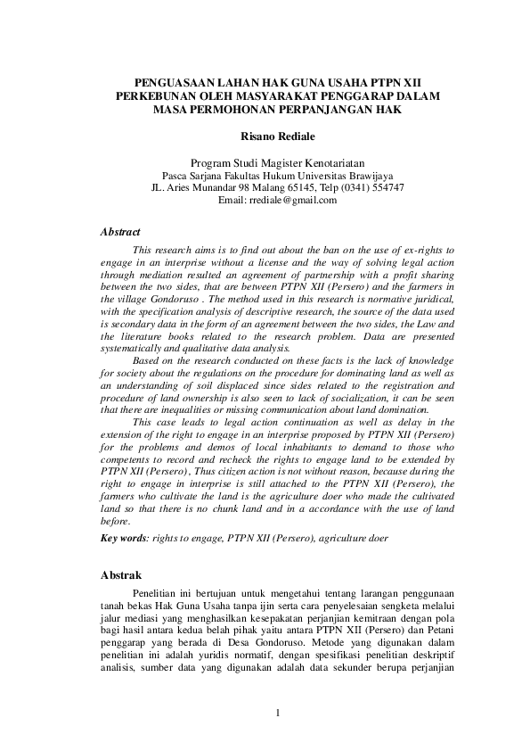 (PDF) Penguasaan Lahan Hak Guna Usaha PTPN XII Perkebunan Oleh Masyarakat Penggarap Dalam Masa ...