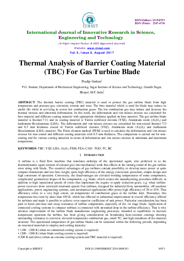 (PDF) Thermal Analysis of Barrier Coating Material (TBC) For Gas Turbine Blade | pradip gedam ...