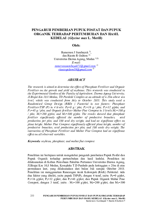 (PDF) PENGARUH PEMBERIAN PUPUK FOSFAT DAN PUPUK ORGANIK TERHADAP PERTUMBUHAN DAN HASIL KEDELAI ...