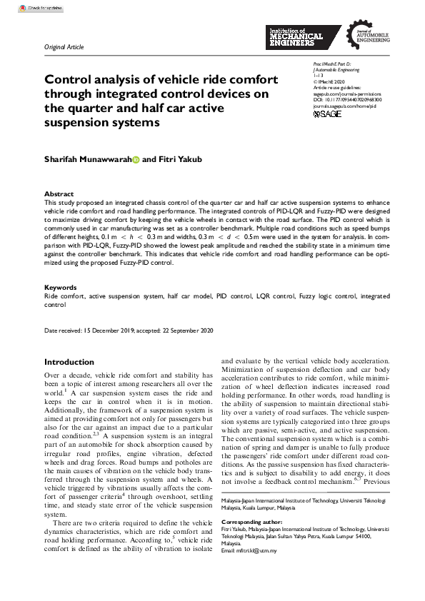 (PDF) Control analysis of vehicle ride comfort through integrated ...