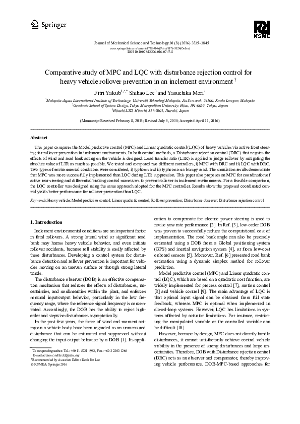 (PDF) Comparative study of MPC and LQC with disturbance rejection control for heavy vehicle ...