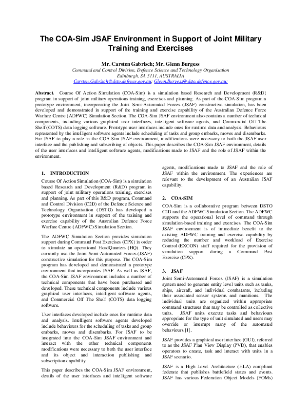 (PDF) The COA-Sim JSAF Environment in Support of Joint Military ...