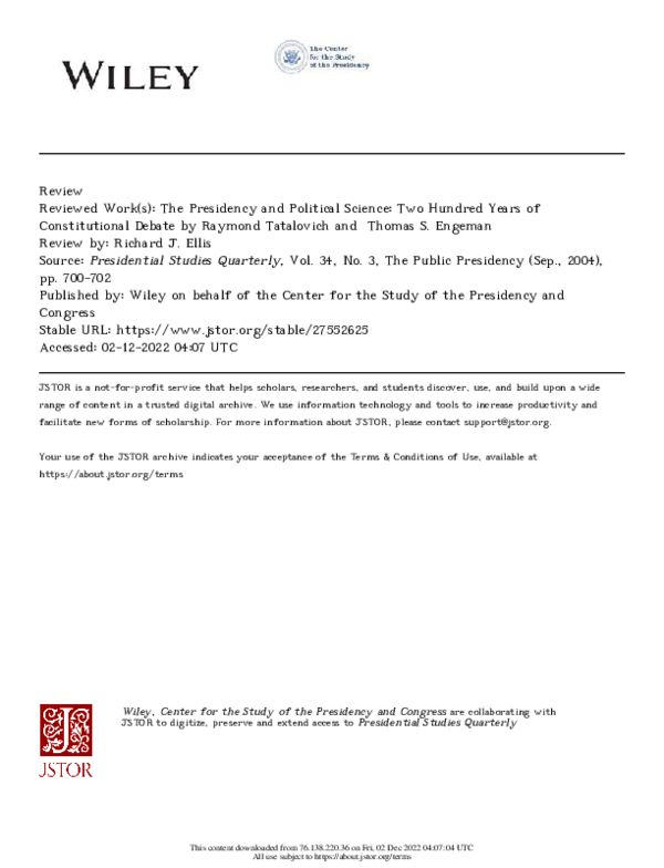 (PDF) Book Review of The Presidency and Political Science: Two Hundred ...