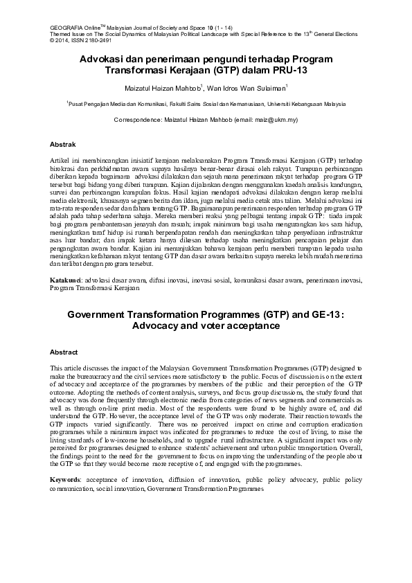 (PDF) Advokasi dan penerimaan pengundi terhadap Program Transformasi Kerajaan (GTP) dalam PRU-13