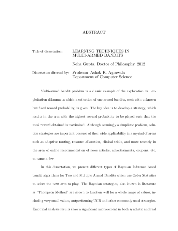 Pdf Learning Techniques In Multi Armed Bandits