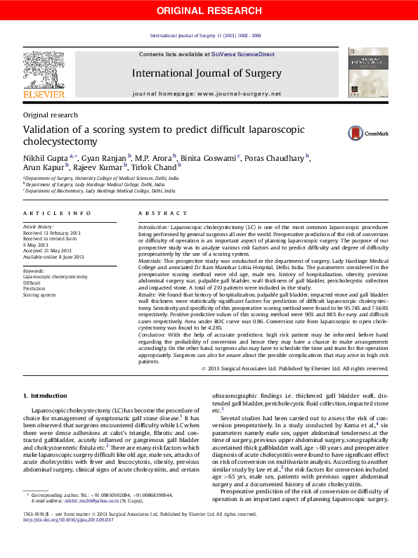 (PDF) Validation of a scoring system to predict difficult laparoscopic cholecystectomy