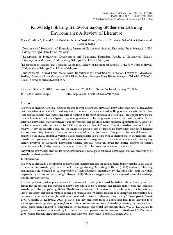 (PDF) Knowledge Sharing Behaviour among Students in Learning ...