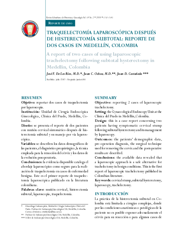 (PDF) Traquelectomía laparoscópica después de histerectomía subtotal ...
