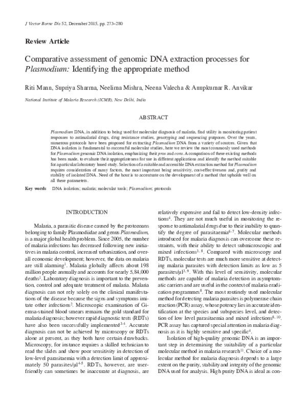 (PDF) Comparative assessment of genomic DNA extraction processes for Plasmodium: Identifying the ...
