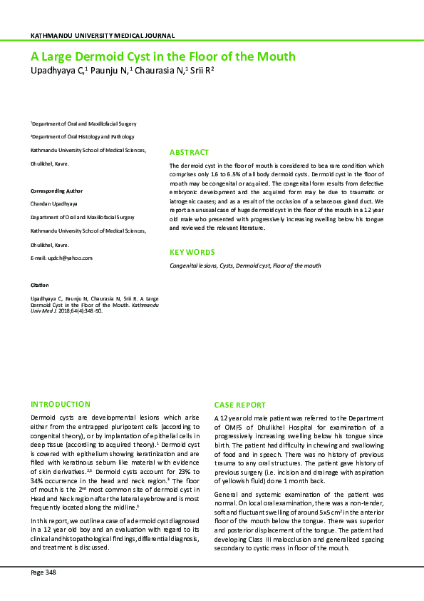 Pdf A Large Dermoid Cyst In The Floor Of The Mouth