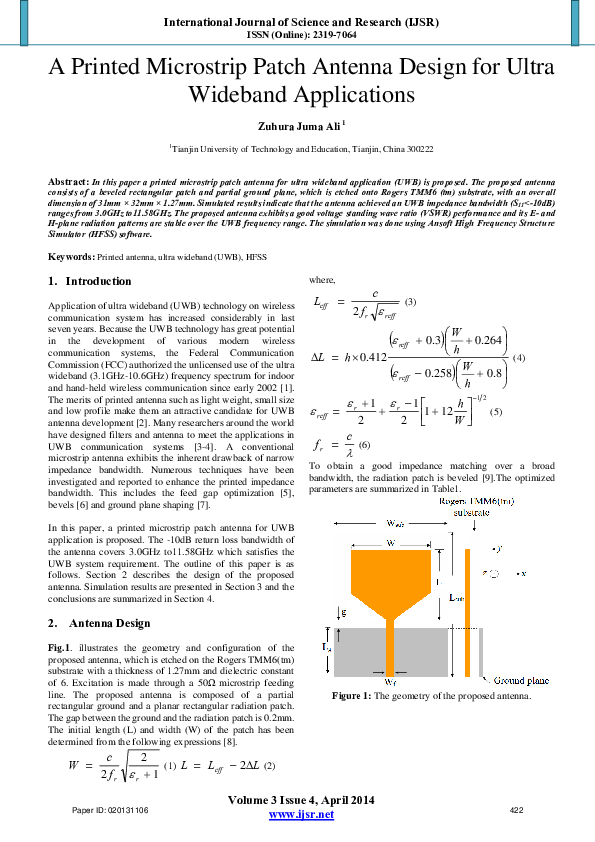 (PDF) A Printed Microstrip Patch Antenna Design for Ultra Wideband Applications