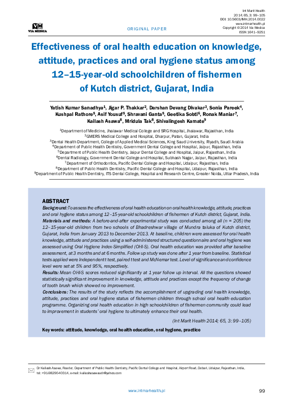 (PDF) Effectiveness of oral health education on knowledge, attitude, practices and oral hygiene ...