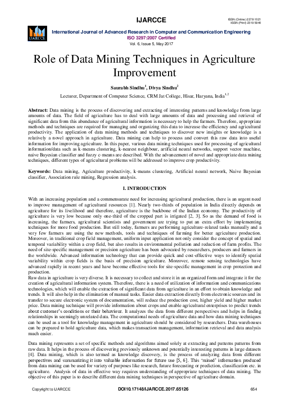 (PDF) Role of Data Mining Techniques in Agriculture Improvement