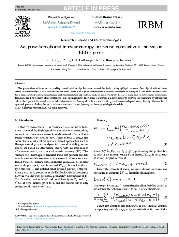 (PDF) Adaptive kernels and transfer entropy for neural connectivity analysis in EEG signals