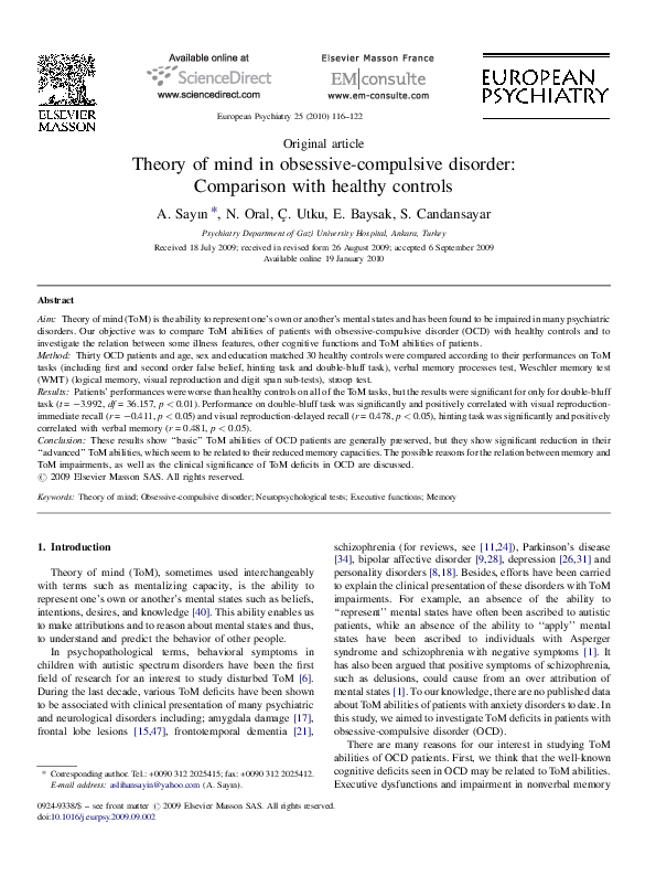 (PDF) Theory of mind in obsessive-compulsive disorder: Comparison with ...