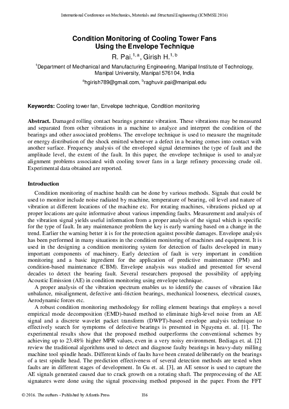 (PDF) Condition Monitoring of Cooling Tower Fans using the Envelope ...