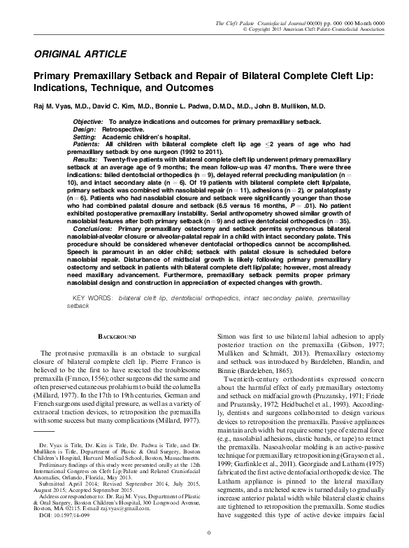 (PDF) Primary Premaxillary Setback and Repair of Bilateral Complete ...